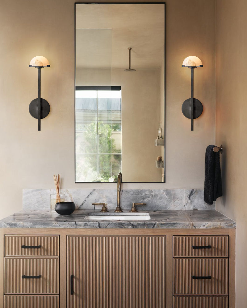 Warm Ambient Glow Brass/Black Pedra Double Wall Sconces with Alabaster